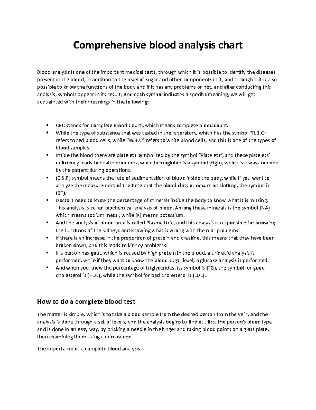 Comprehensive blood analysis chart - While the type of substance that ...