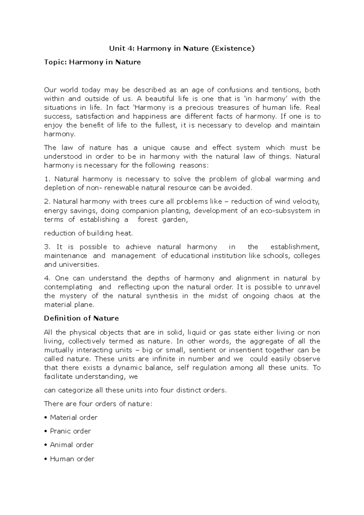 Unit 4 - IT IS FOR CIAT PREPARATION - Unit 4: Harmony in Nature ...