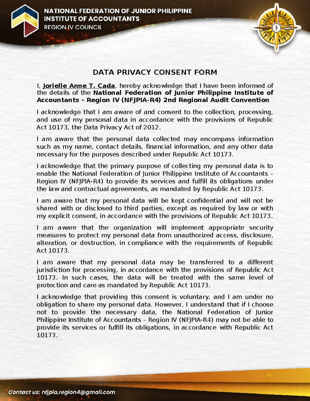 Data privacy act - DATA PRIVACY CONSENT FORM I, Jorielle Anne T. Cada ...