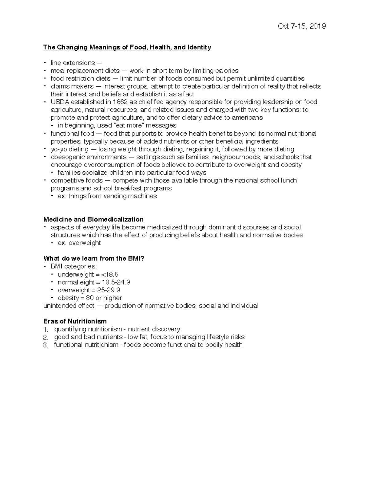 Nutrition and Health NOTE - Oct 7-15, 2019 The Changing Meanings of ...