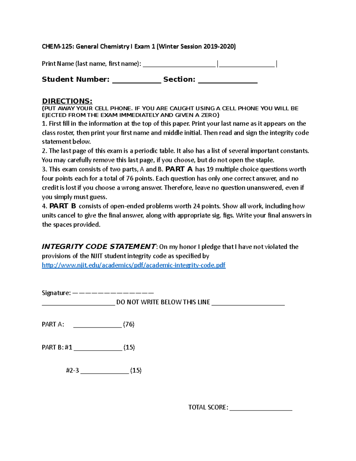 CHEM125 W01 Exam 1 Blank - CHEM-125: General Chemistry I Exam 1 (Winter ...