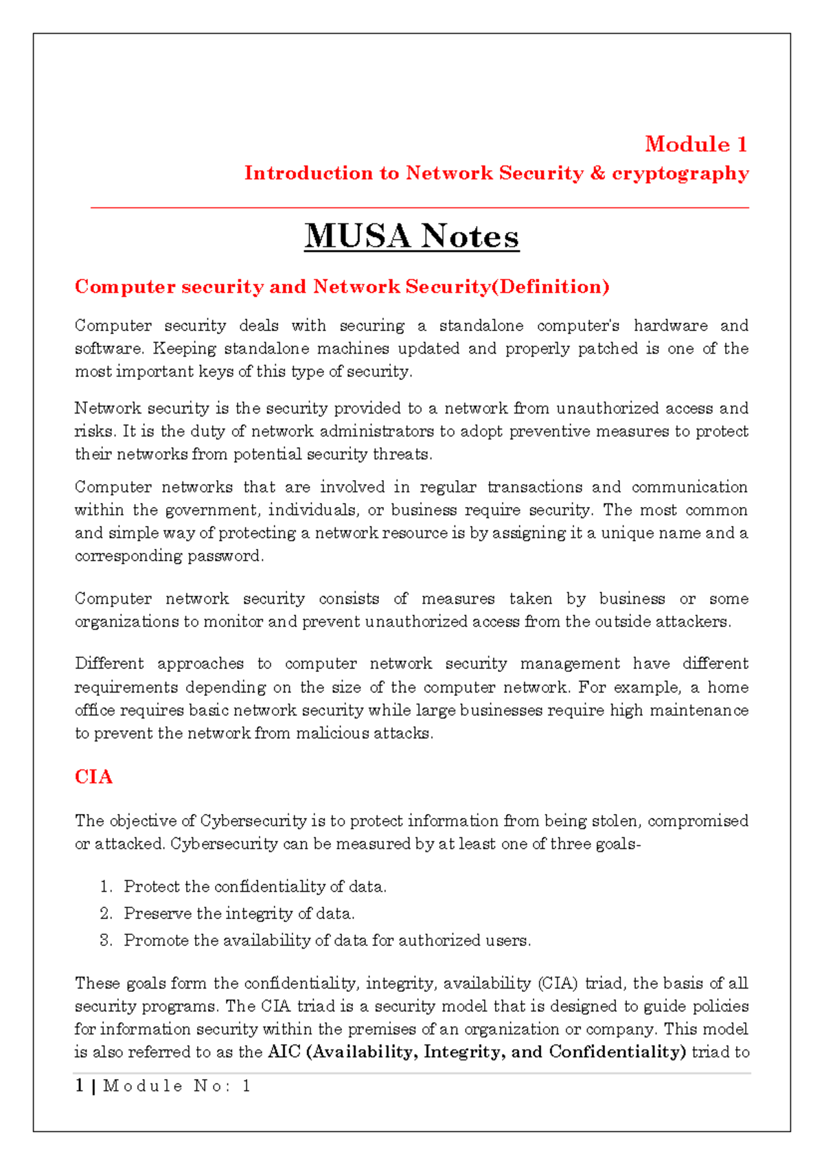 Computer network security module 1 - Module 1 Introduction to Network Security & cryptography ...