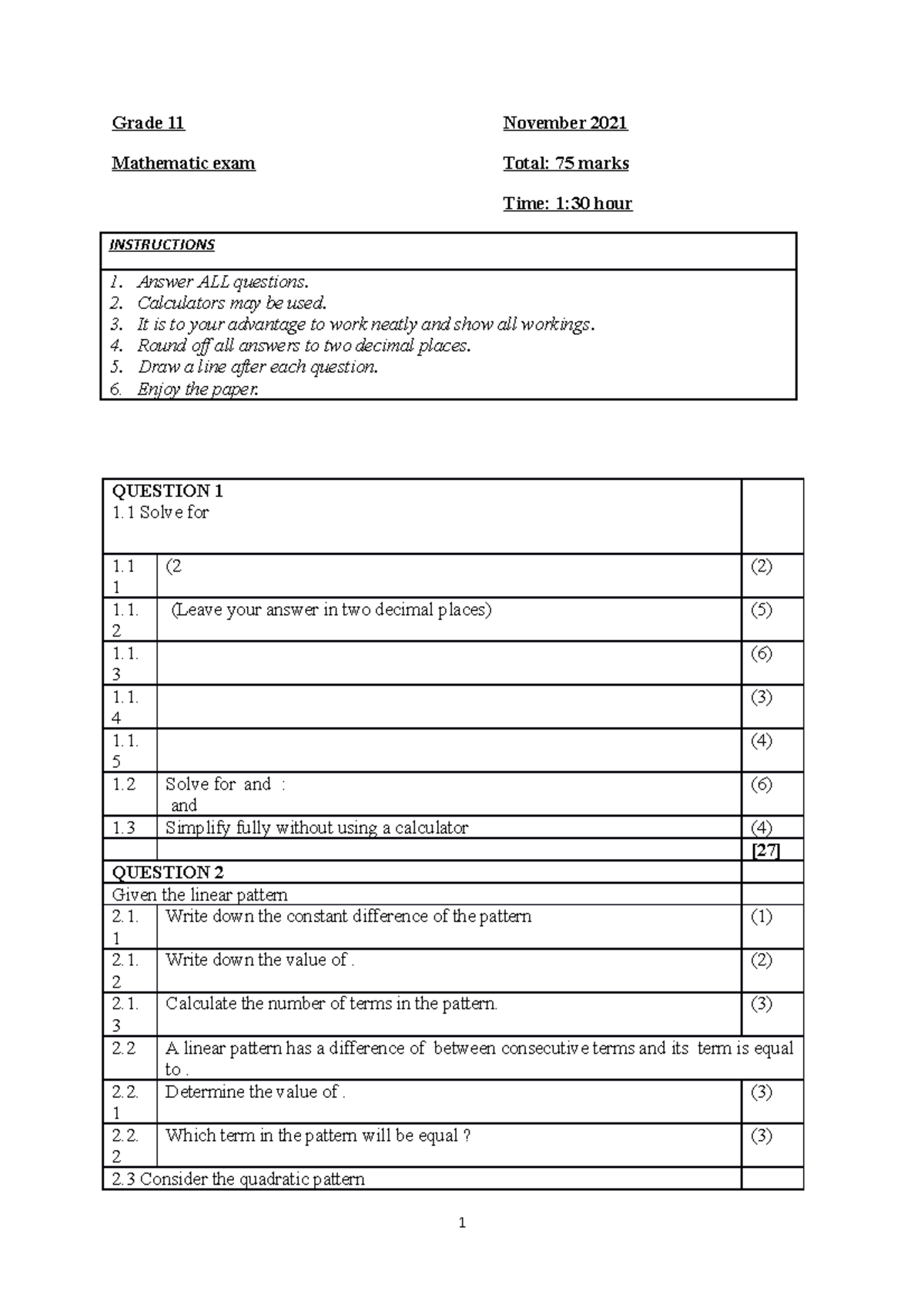 Grade 11September 2021 - Grade 11 November 2021 Mathematic exam Total ...