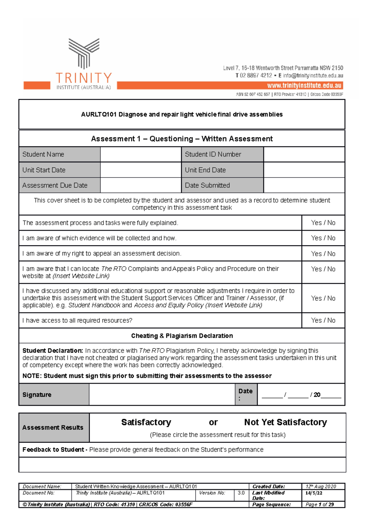 Aurltq 101 Assessment 1 Written Knowledge Question V3 - Assessment 1 ...