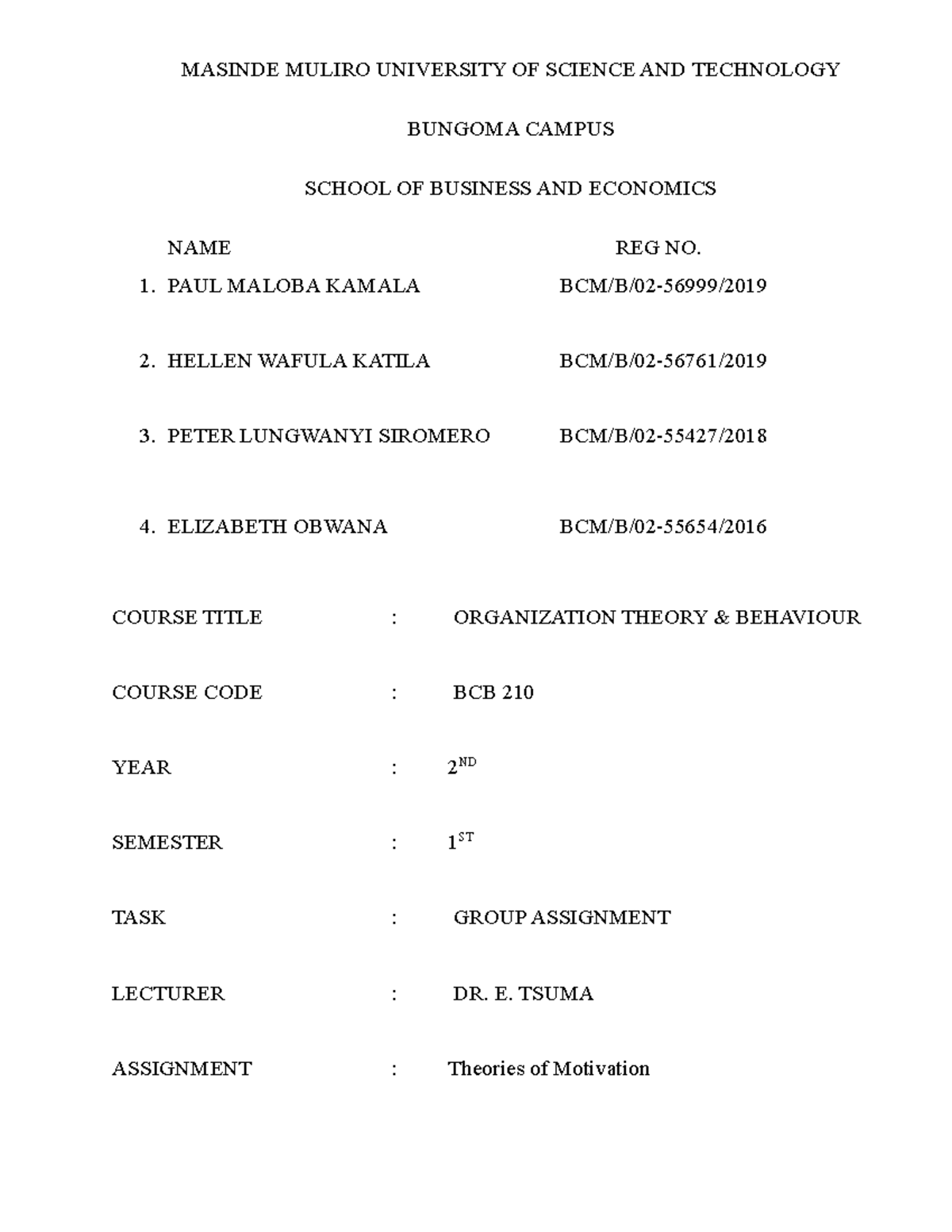 BCB 210 - ORGANIZATIONAL BEHAVIOUR - Business management system - Studocu
