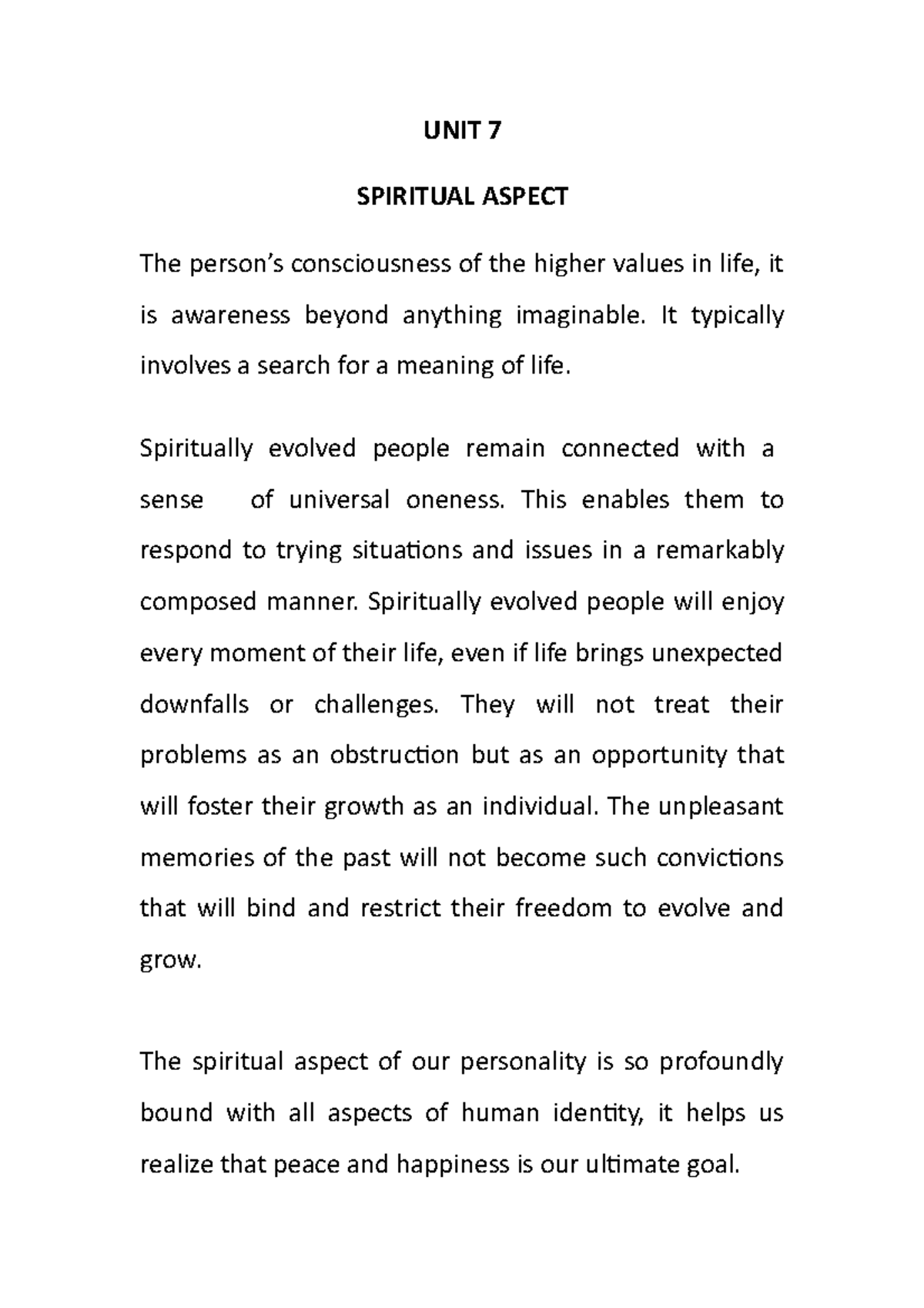 UNIT 7 Spiritual Aspect - UNIT 7 SPIRITUAL ASPECT The person’s ...