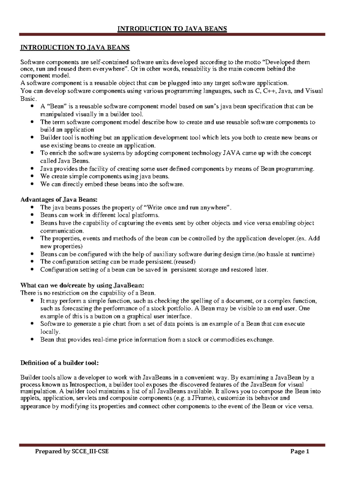 Introduction To Java Beans Introduction To Java Beans Software