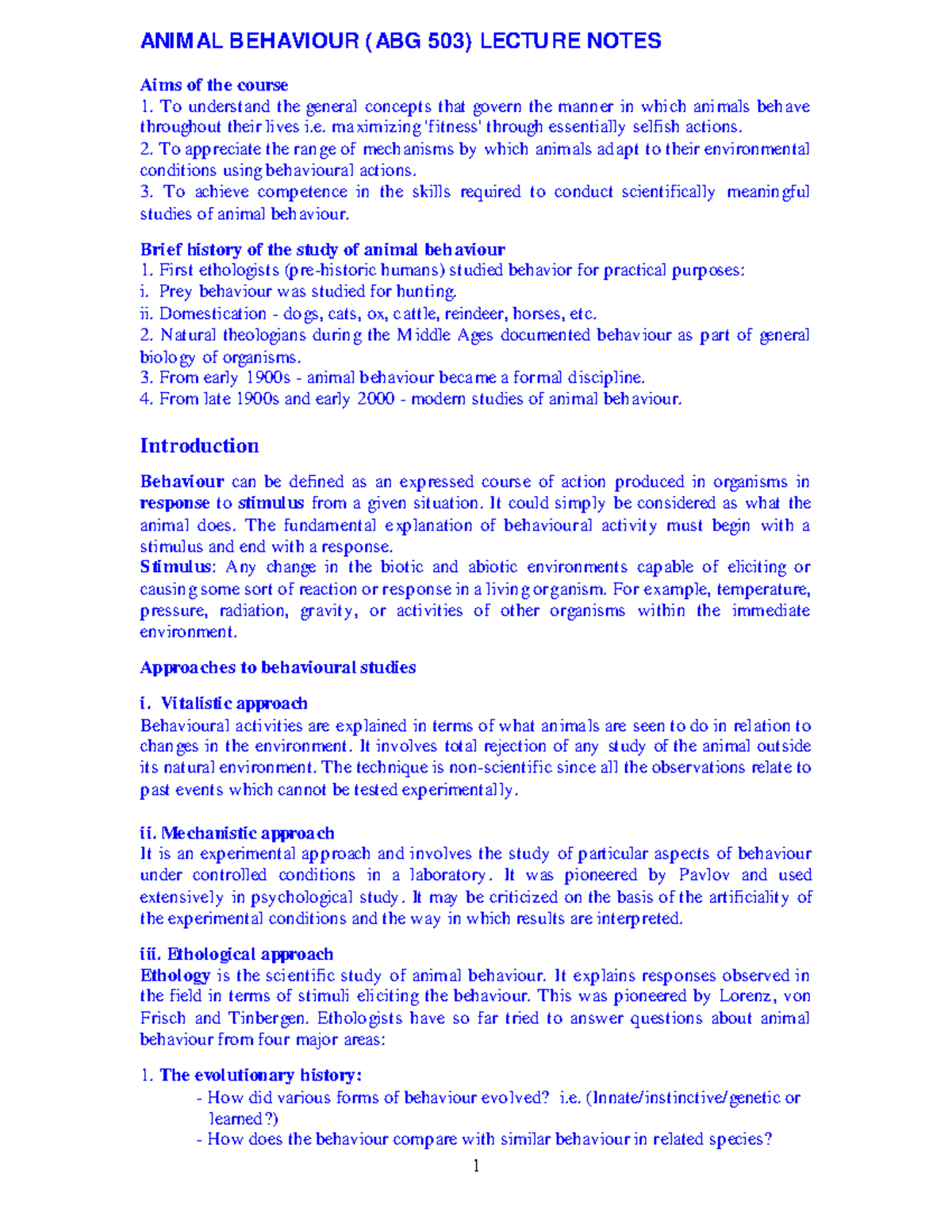Animal Behaviour 1-Notes - ANIMAL BEHAVIOUR (ABG 503) LECTURE NOTES ...