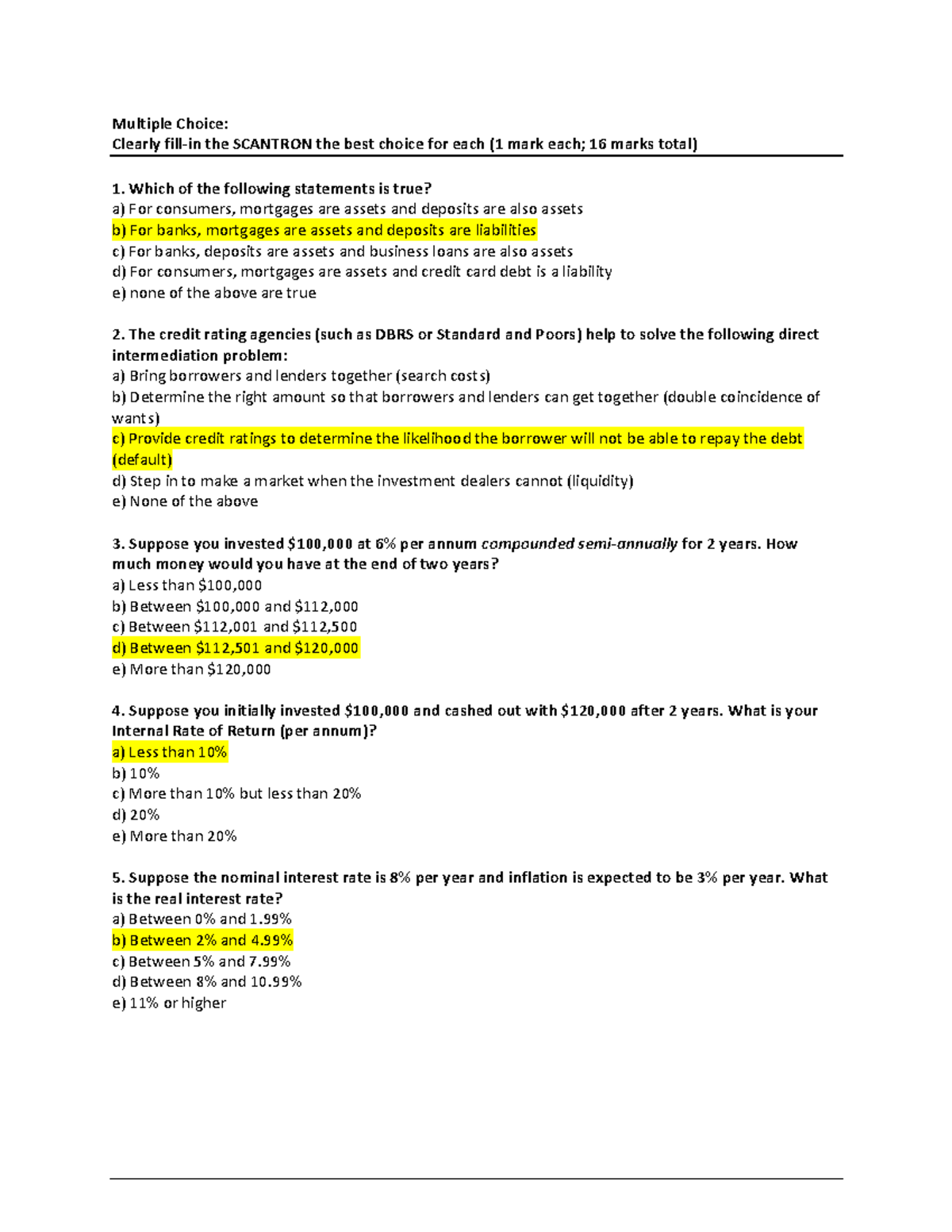 Previous Exam Solutions - Multiple Choice: Clearly fill-in the SCANTRON ...