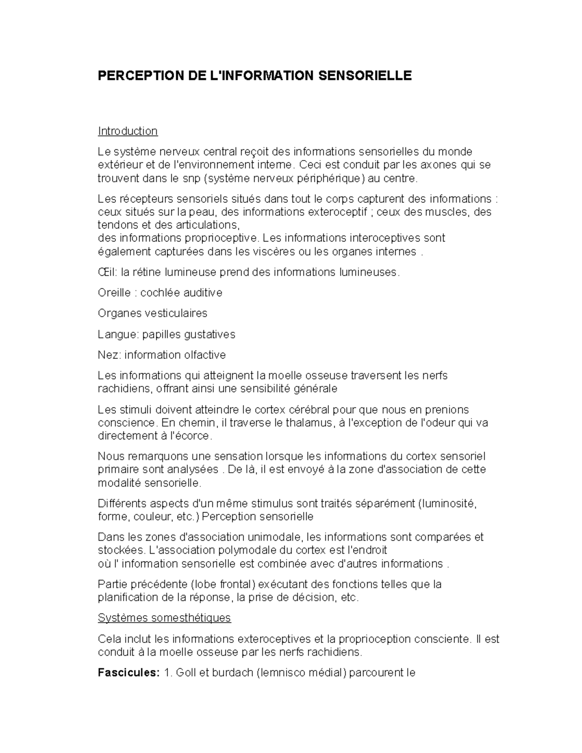 Perception de l'information sensorielle - PERCEPTION DE SENSORIELLE ...
