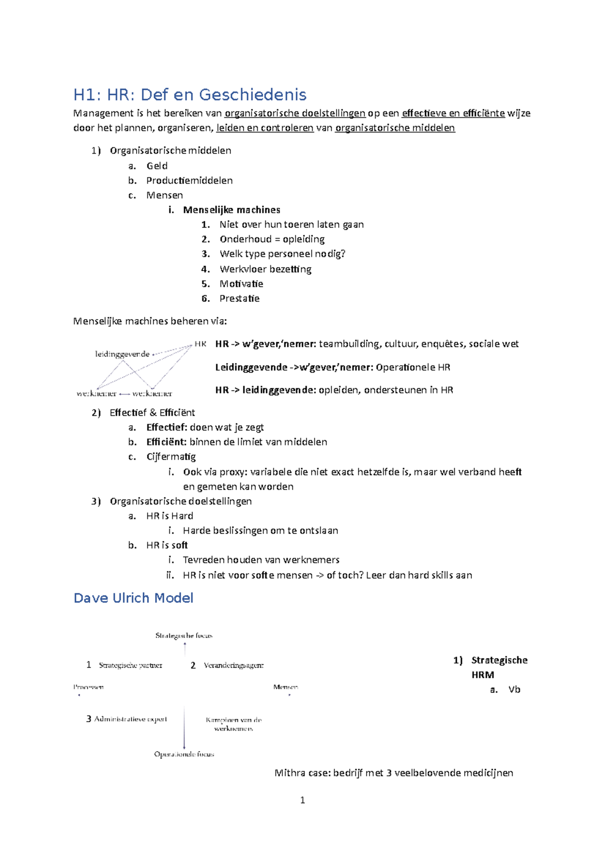 Personeel en organisatie - H1: HR: Def en Geschiedenis Management is ...
