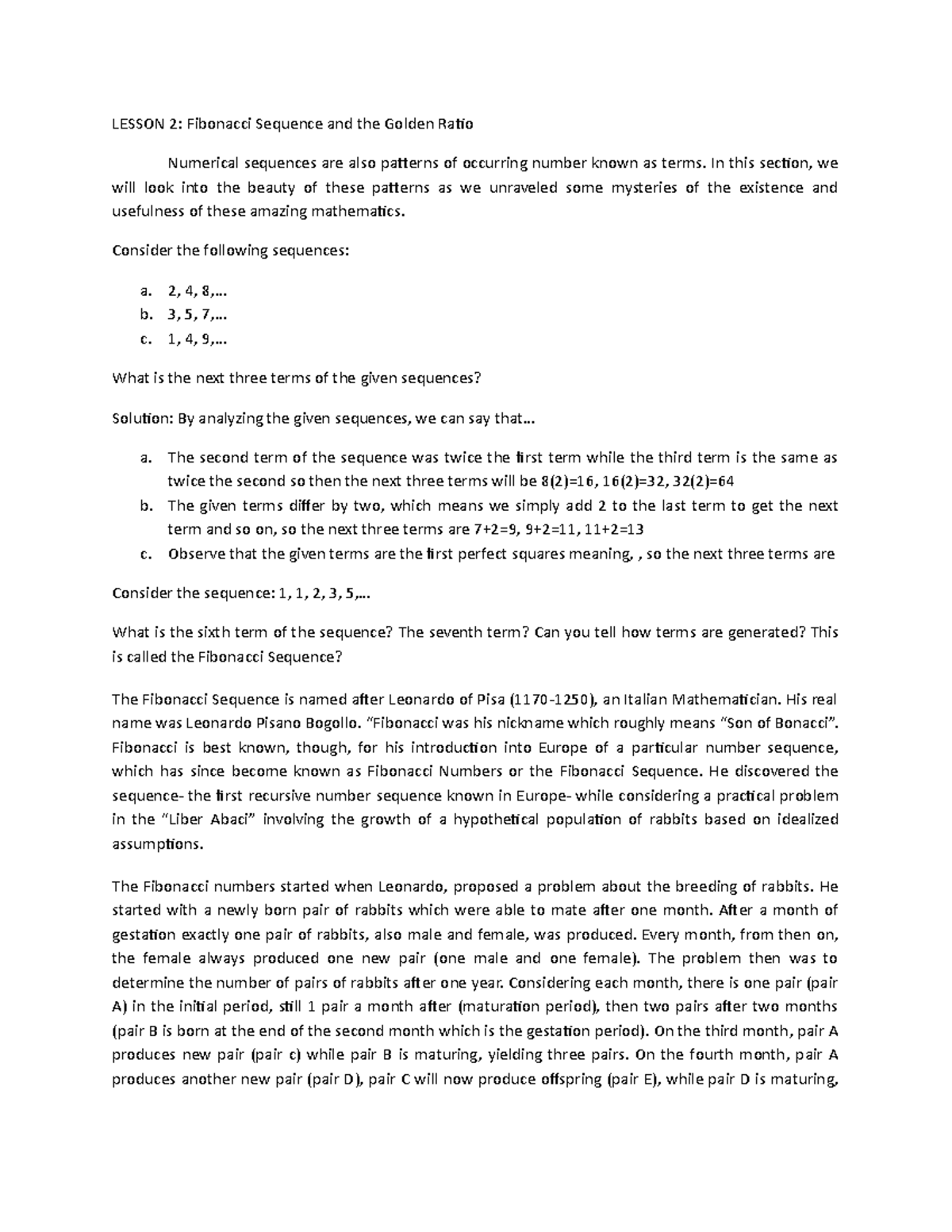 Lesson 2 Fibonacci Numbers - LESSON 2: Fibonacci Sequence and the ...