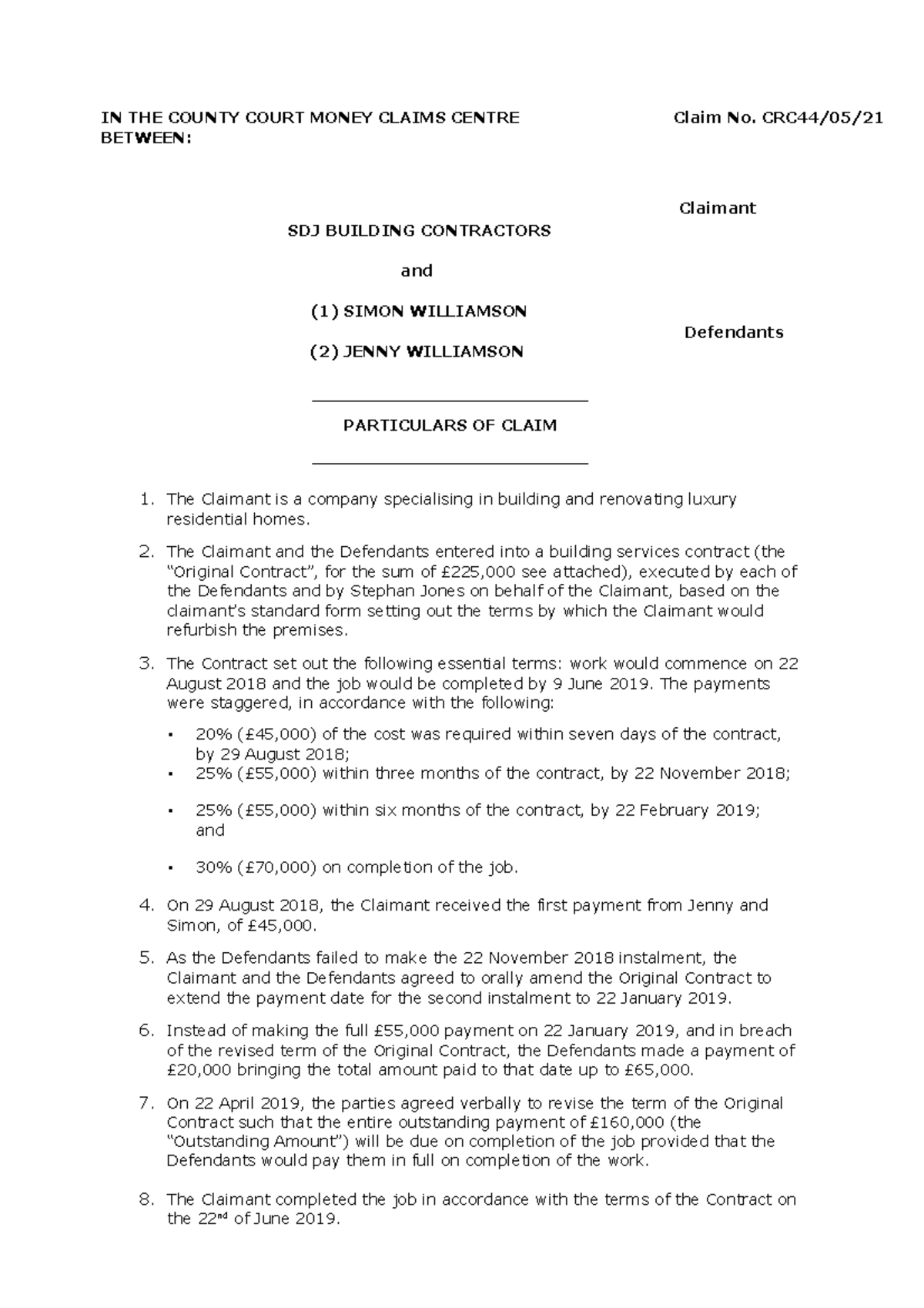SDJ Building Contractors And Williamson IN THE COUNTY COURT MONEY