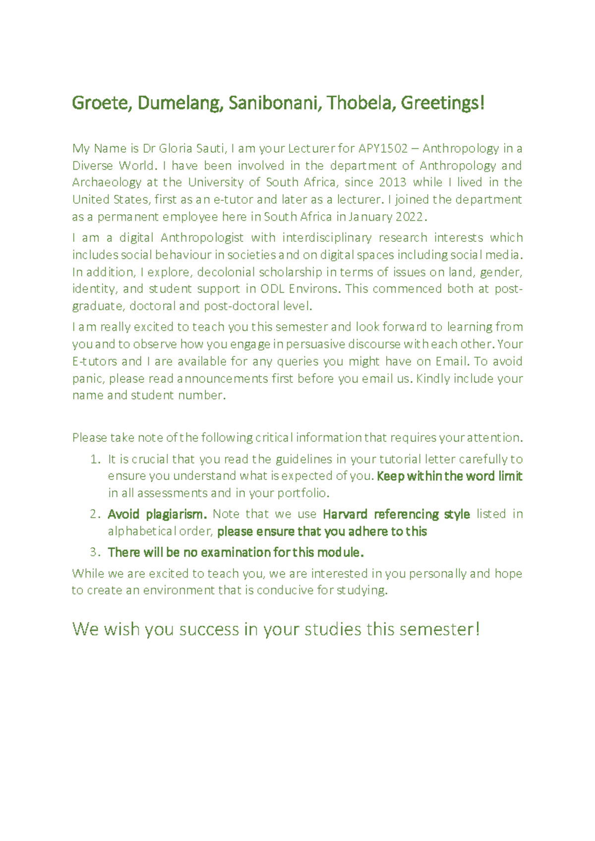 APY1502 My Introduction to Students Message F - Groete, Dumelang ...