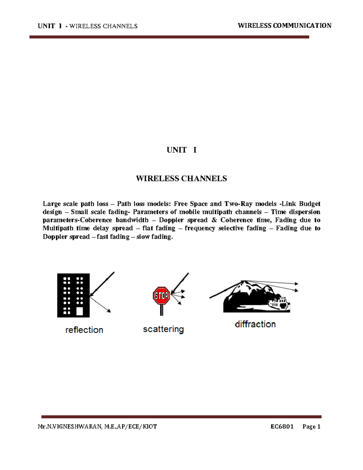 WC UNIT I - Nites - UNIT I - WIRELESS CHANNELS WIRELESS COMMUNICATION ...