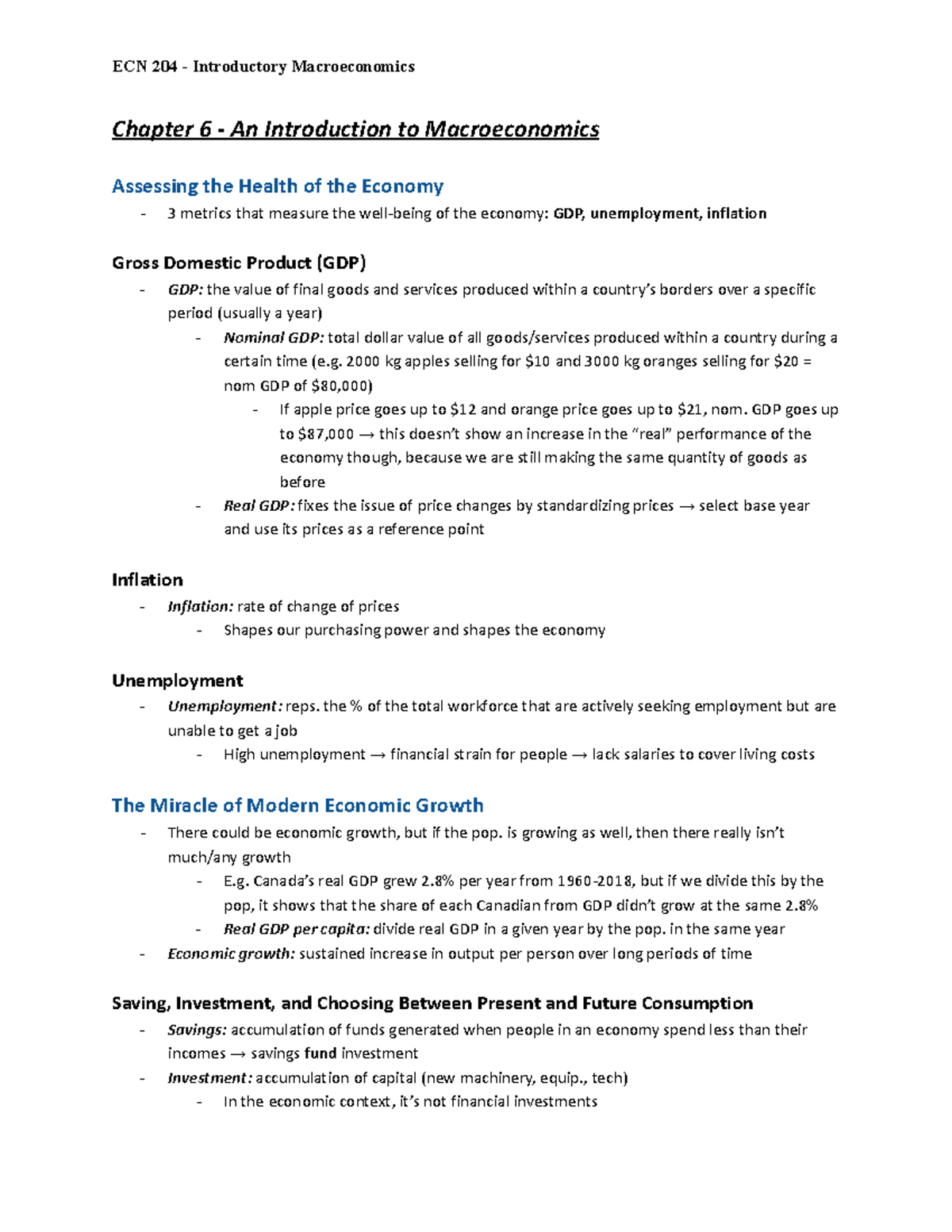Class 1 Chapter 6 Notes - ECN 204 - Introductory Macroeconomics Chapter ...