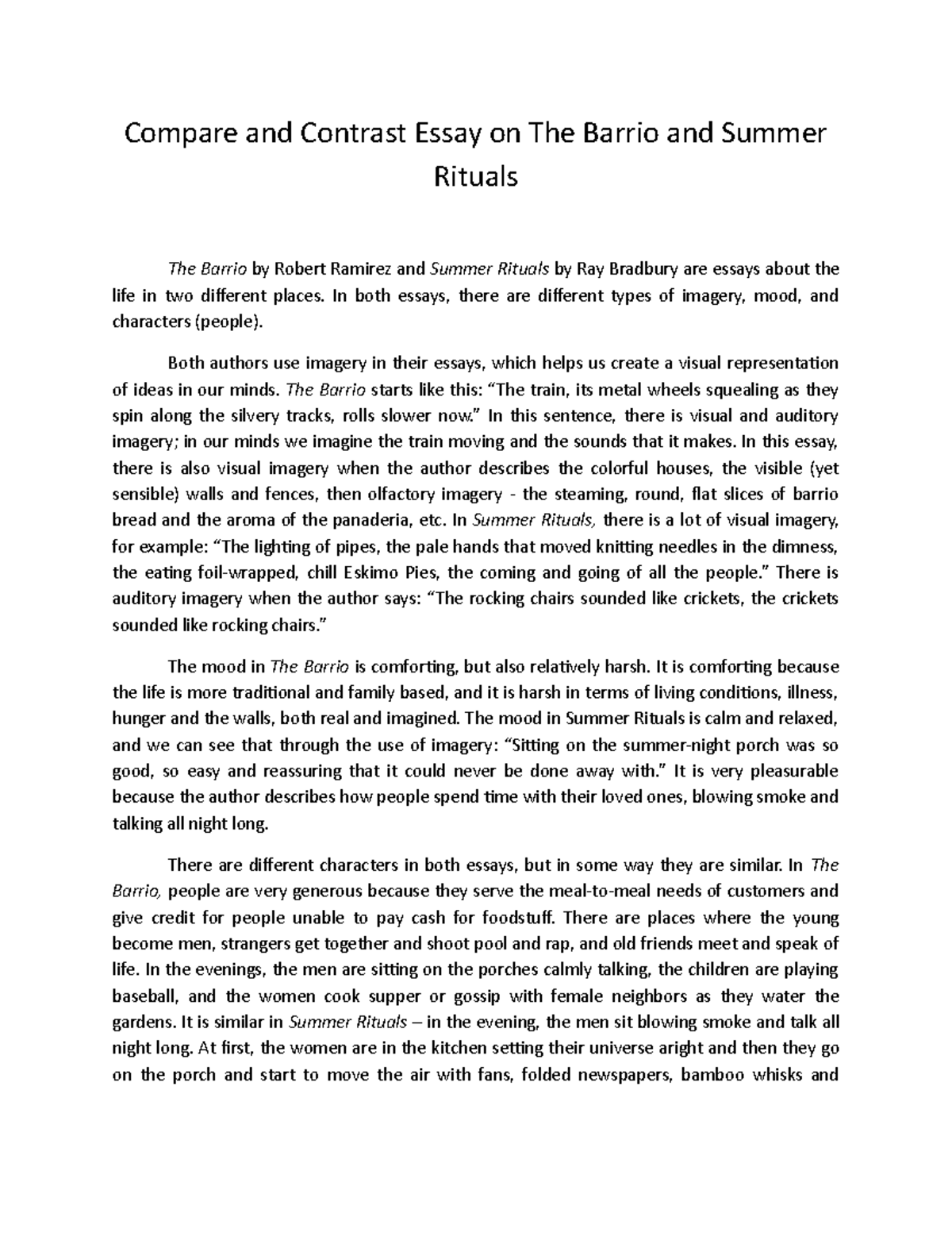 Compare and Contrast Essay on The Barrio and Summer Rituals - Studocu