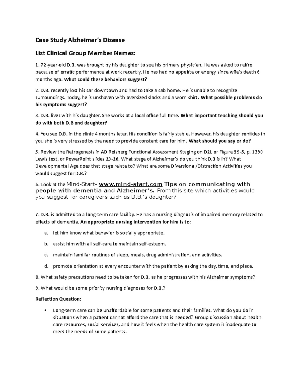Alzheimers Dementia Delirium Case Studies Critical Thinking Questions ...