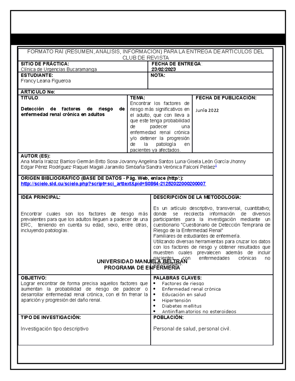 Ficha RAE - ENFERMEDAD RENAL CRONICA ; FACTORES DE RIESGO - UNIVERSIDAD ...