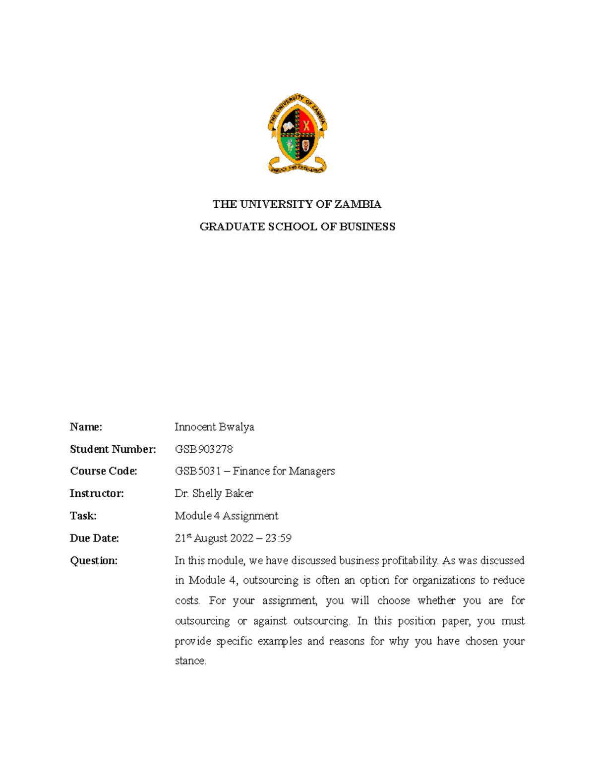 Module 4 Assignment - MBA - Finance - THE UNIVERSITY OF ZAMBIA GRADUATE ...