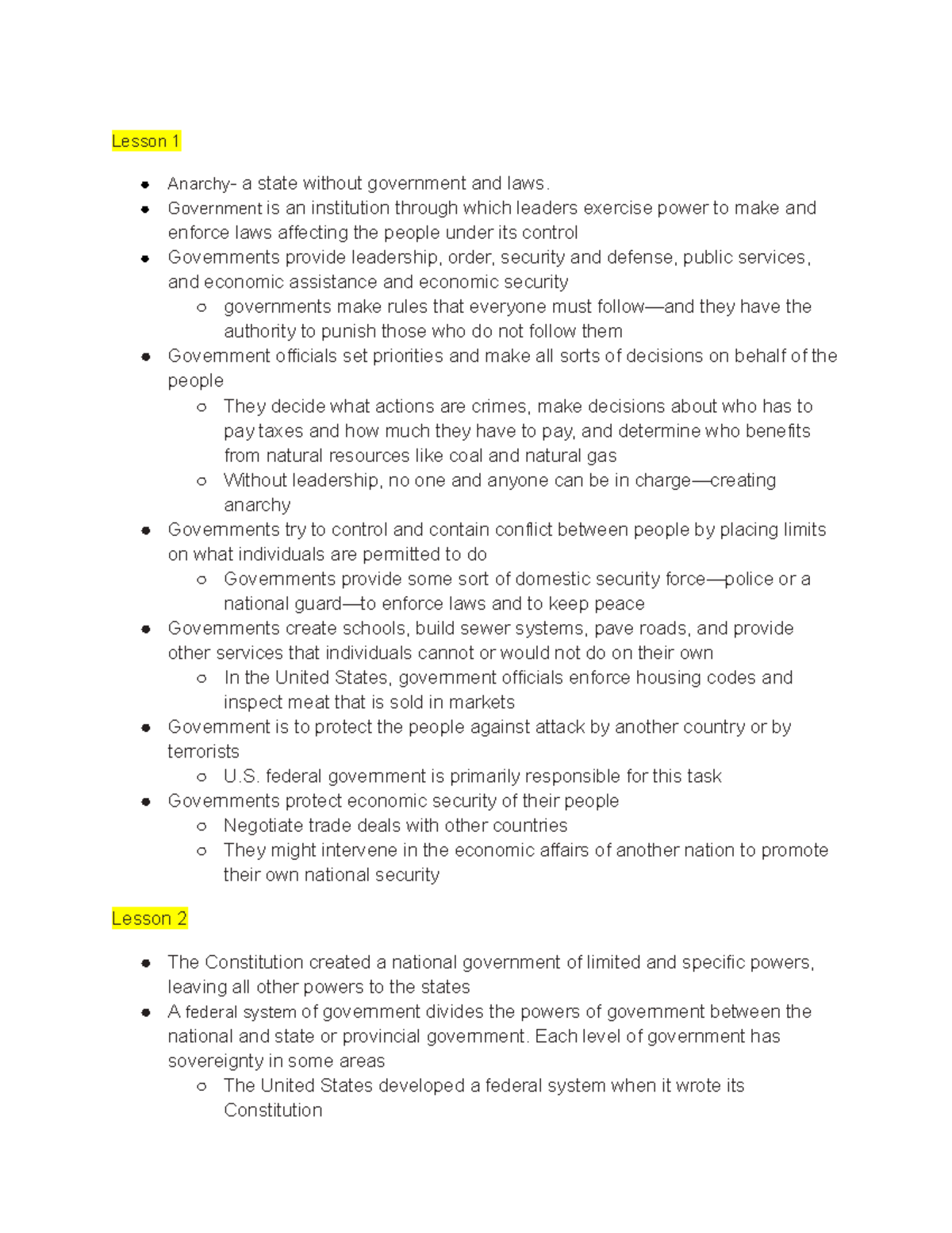 Chapter 1 Outline - Lesson 1 Anarchy- a state without government and ...