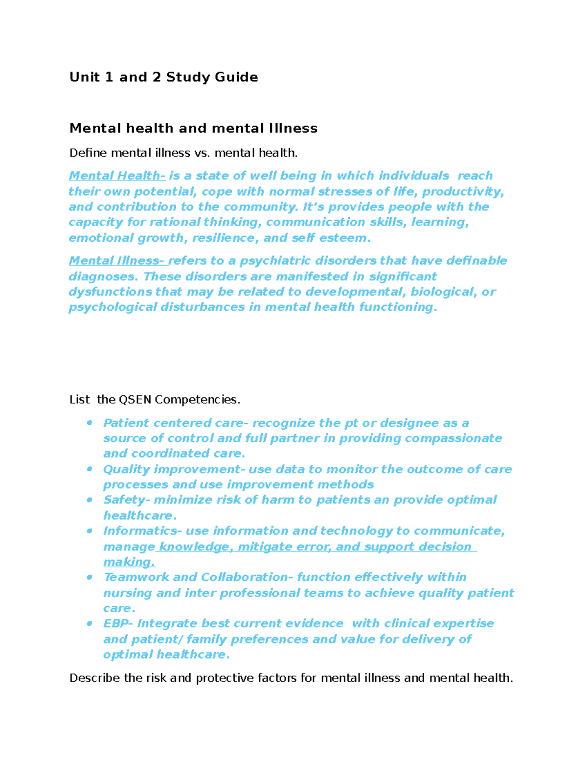 Mental health and mental Illness Study Guide - Unit 1 and 2 Study Guide ...