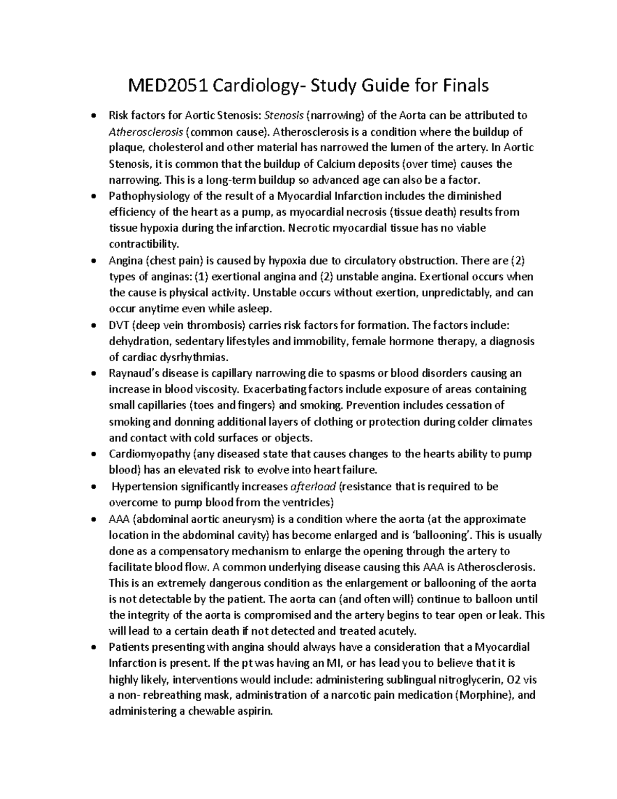 Med2051 final study guide - MED2051 Cardiology- Study Guide for Finals ...