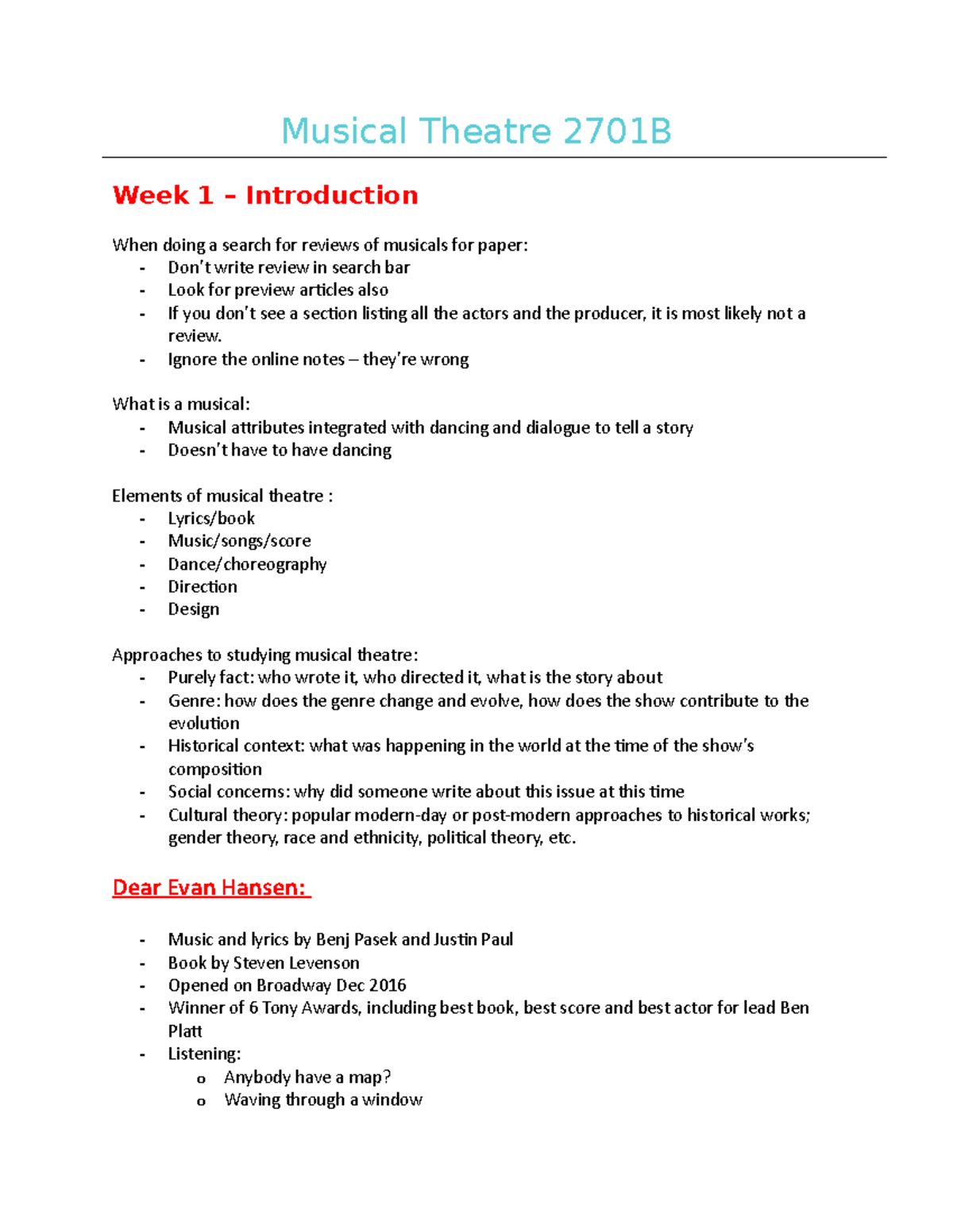Musical theatre - Lecture notes 1-11 - Musical Theatre 2701B Week 1 ...