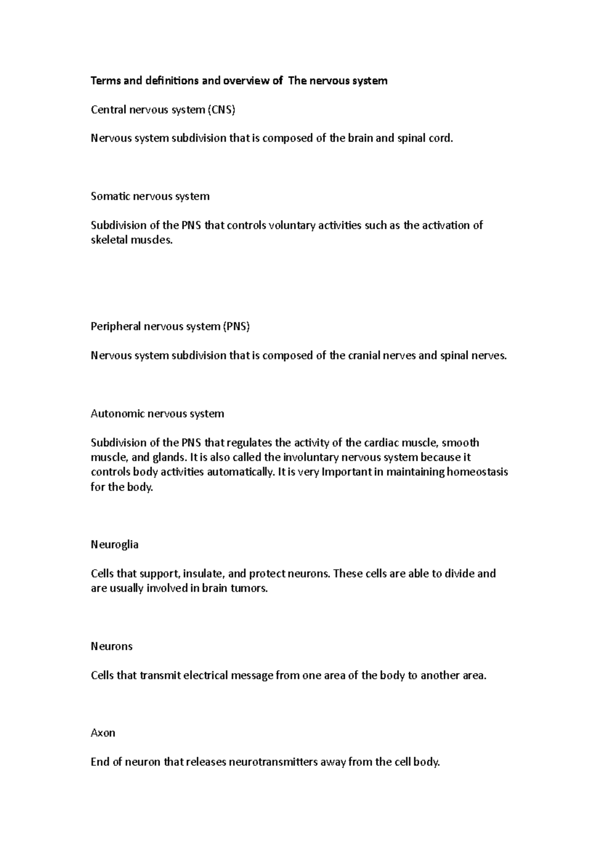 Terms and definitions and overview of The nervous system Terms and ...