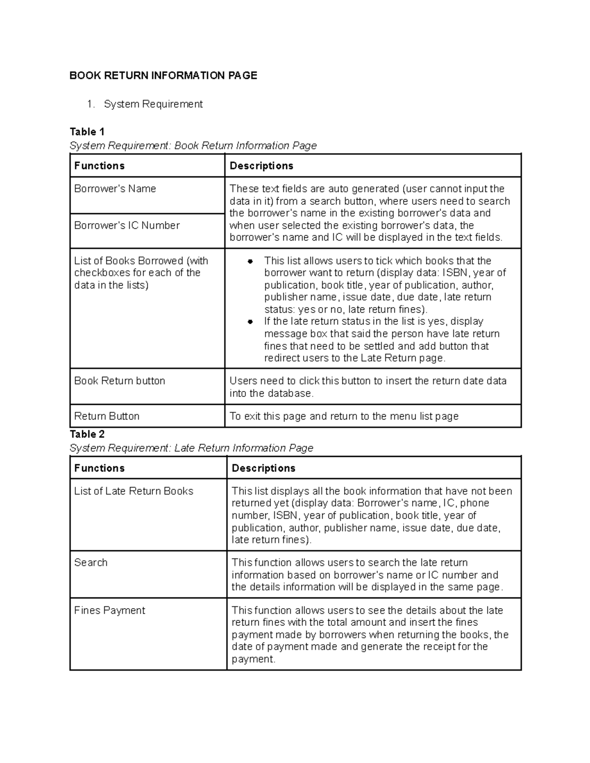Design CSC301 Group Project - BOOK RETURN INFORMATION PAGE System Requirement Table 1 System ...