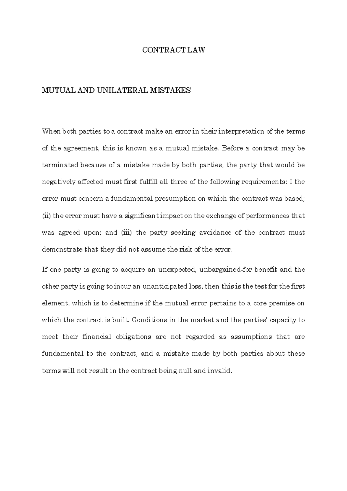 Contract - Mutual AND Unilateral Mistake - Class Notes - CONTRACT LAW ...