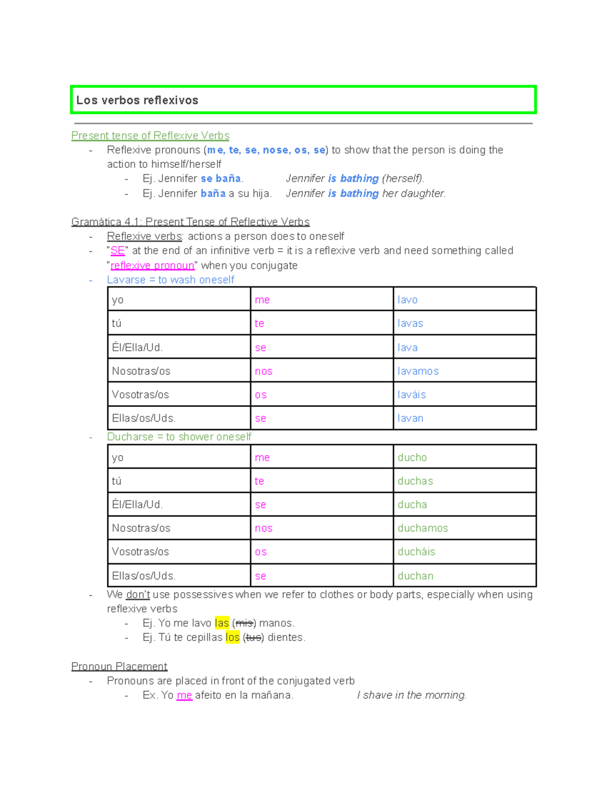Los Verbos Reflexivos - Spring 2022, Professor Hong - Los verbos ...