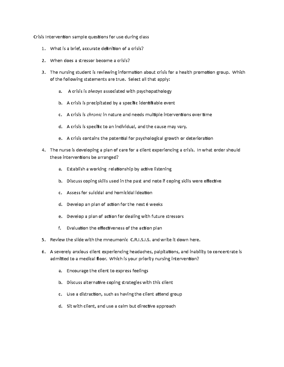 Crisis Intervention sample questions-2 - What is a brief, accurate ...