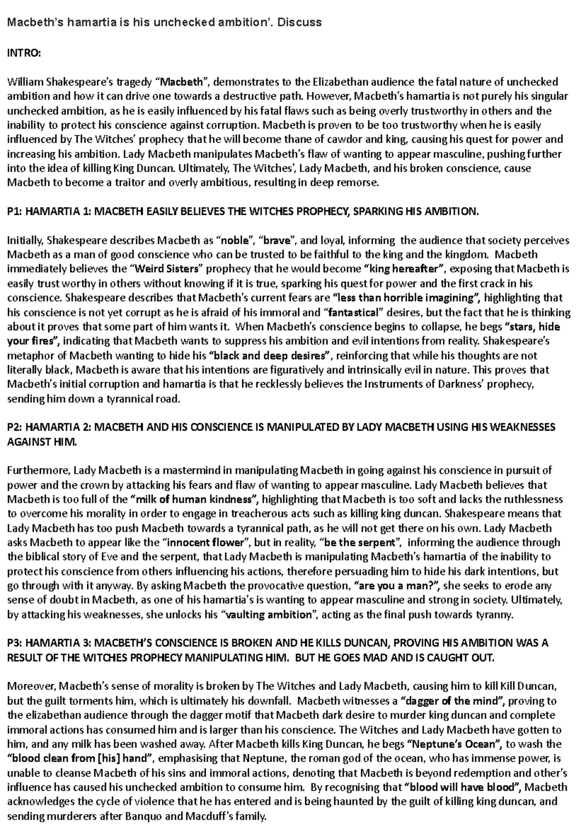 Sample Macbeth Essay: unchecked ambition - Macbeth’s hamartia is his ...