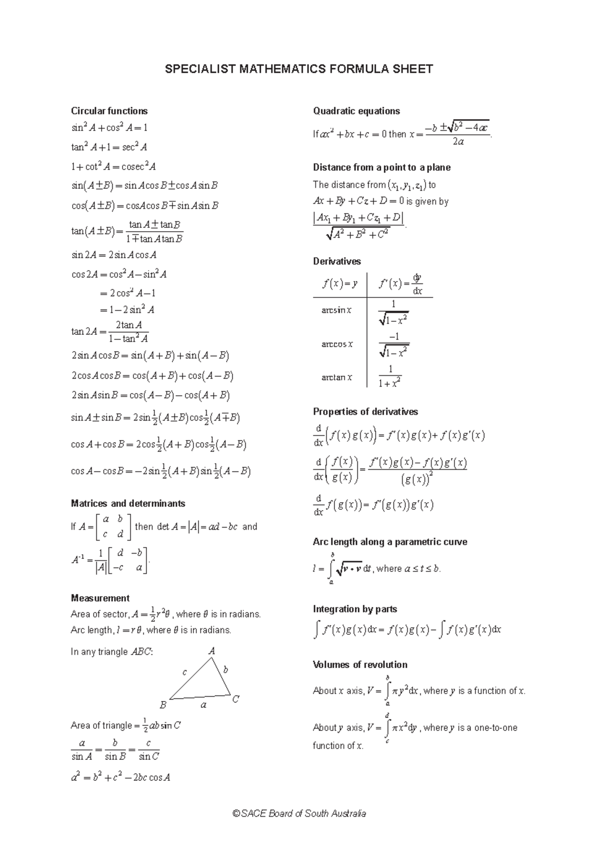 Specialist Mathematics Formula Sheet - SPECIALIST MATHEMATICS FORMULA ...