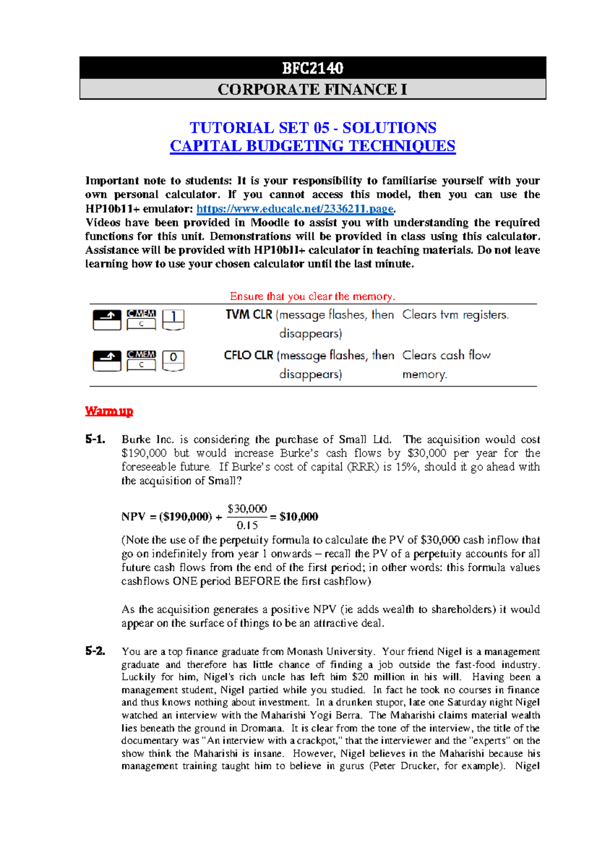 Capbud 1NPV, IRR - Tutorial for week 5 - BFC 2140 CORPORATE FINANCE I ...