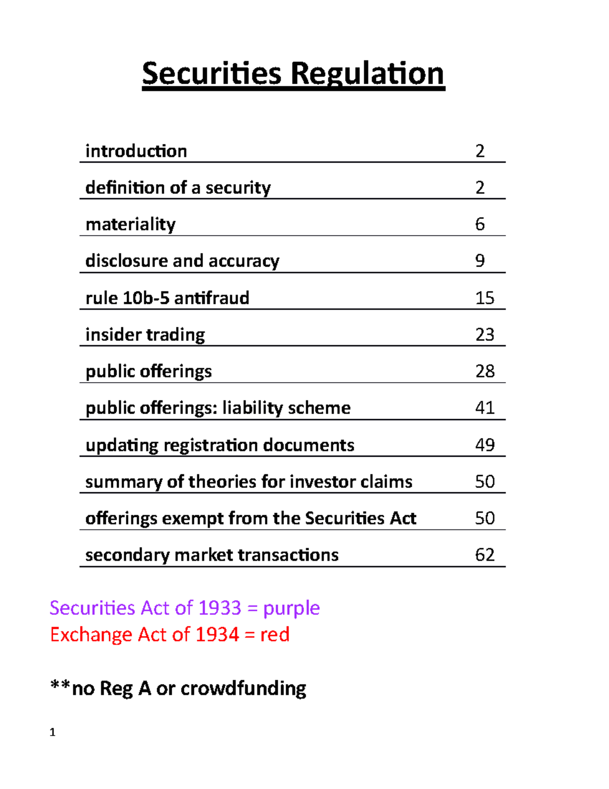 Security Regulation Outline. - Securities Regulation introduction 2 ...