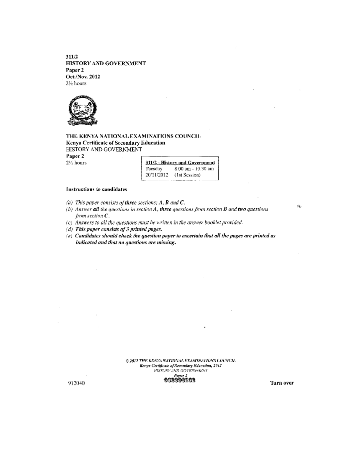 2012 KCSE History Government Paper 2 - HISTORY AND GOVERNMENT Paper 2 ...