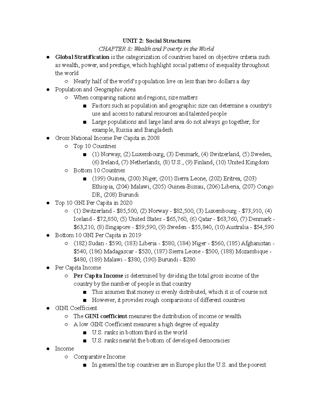 Chapter 8 Notes - n/a - UNIT 2: Social Structures CHAPTER 8: Wealth and ...