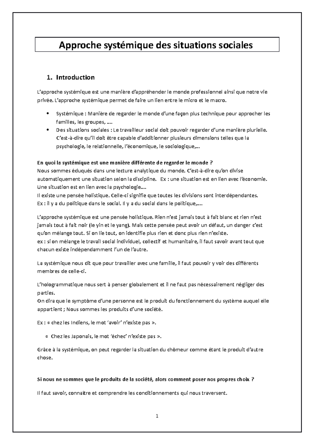 Approche systémique des situations sociale - Introduction L’approche ...