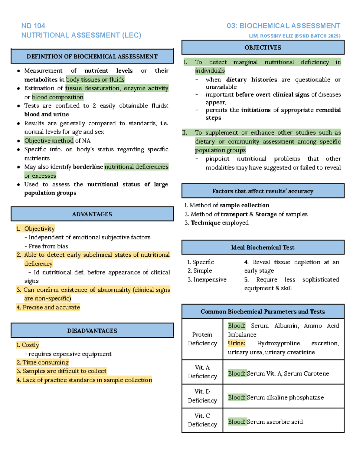 Biochemical- Assessment-1 - NUTRITIONAL ASSESSMENT (LEC) LIM, ROSSINY ...