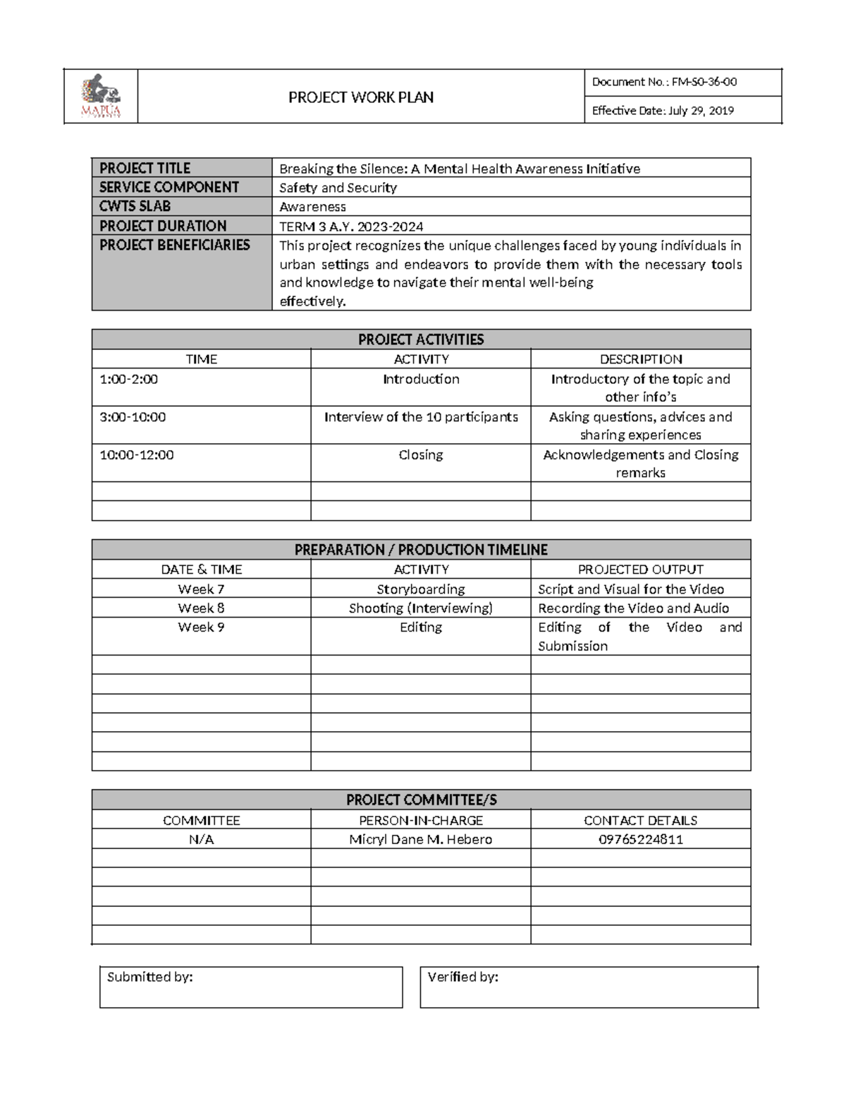 Project Work Plan Form (PWP) 23-24 1 - PROJECT WORK PLAN Document No ...