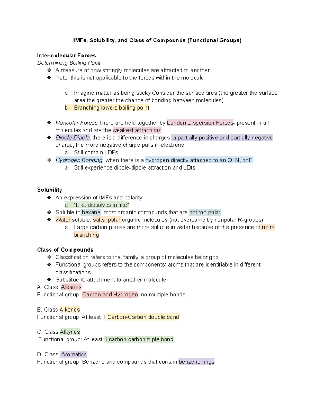 Organic Chemistry 1 Notes Chapter 2- IMFs, Solubility and Class of ...
