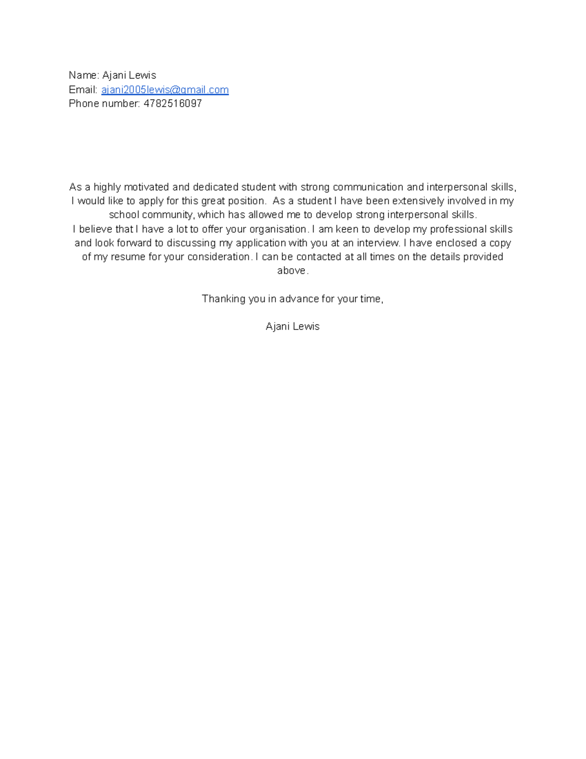 Cover letter - Name: Ajani Lewis Email: ajani2005lewis@gmail Phone ...
