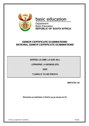 Sepedi HL P2 May-June 2016 - SENIOR CERTIFICATE EXAMINATIONS SEPEDI LELEME LA GAE (HL) LEPHEPHE ...