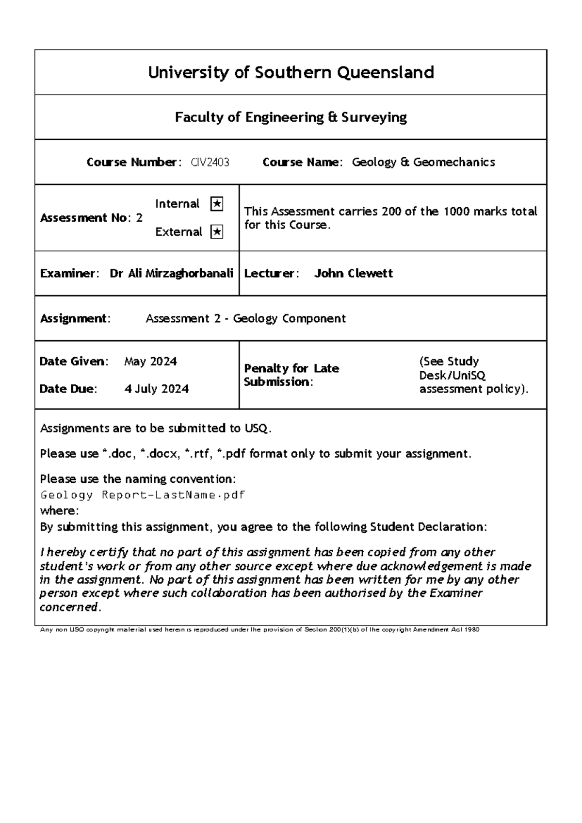 Geology Assignment 2024 June Collar Update - University of Southern ...