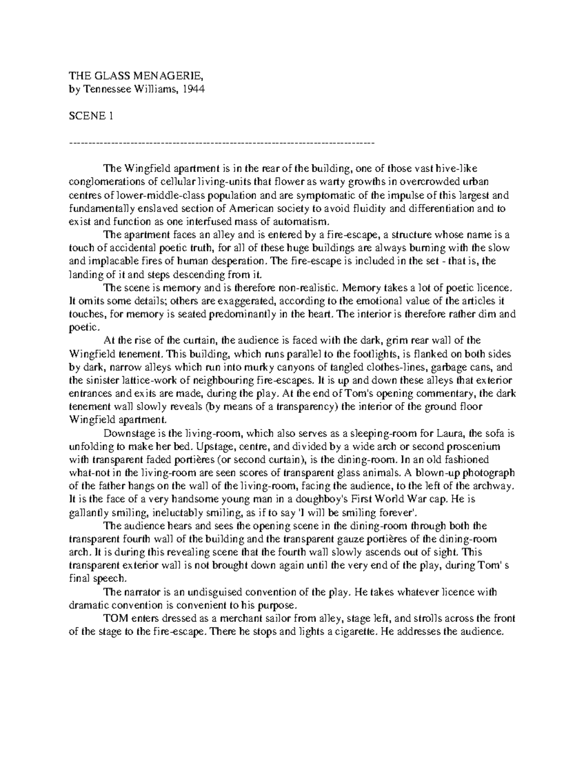 The glass menagerie messy full text - THE GLASS MENAGERIE, by Tennessee ...