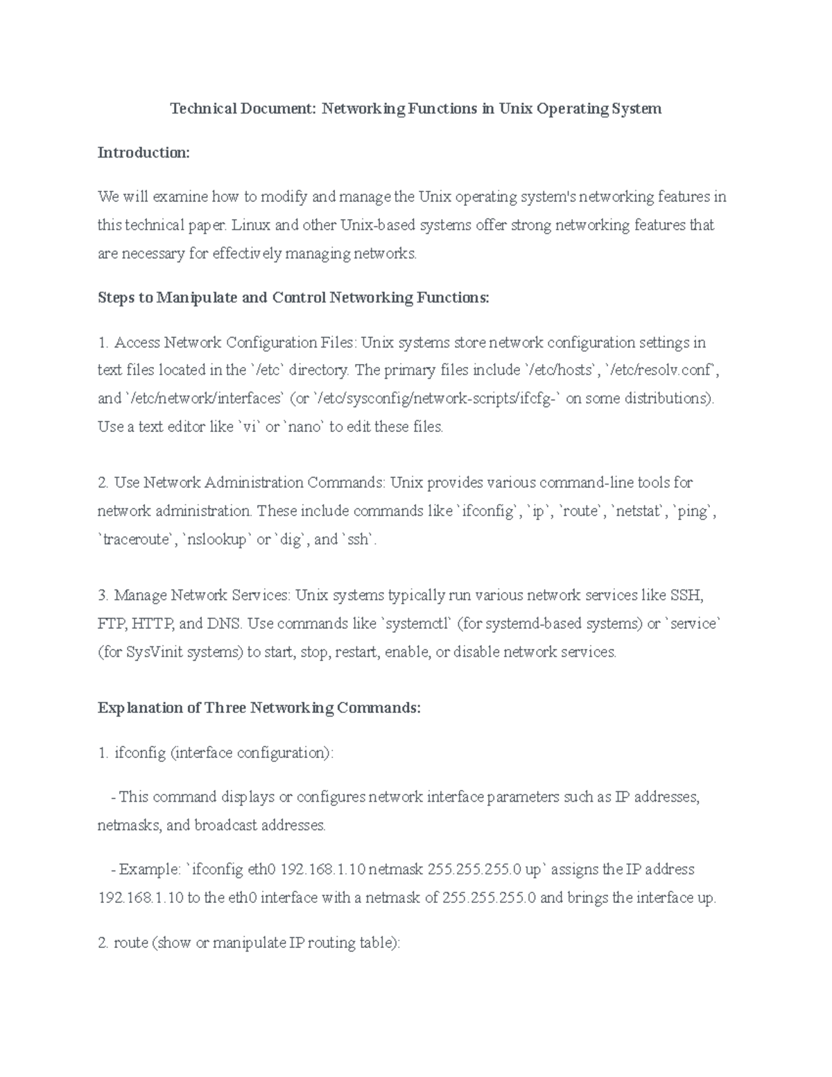 Written Assignment 7 - Learning Journal - Technical Document: Networking Functions in Unix ...