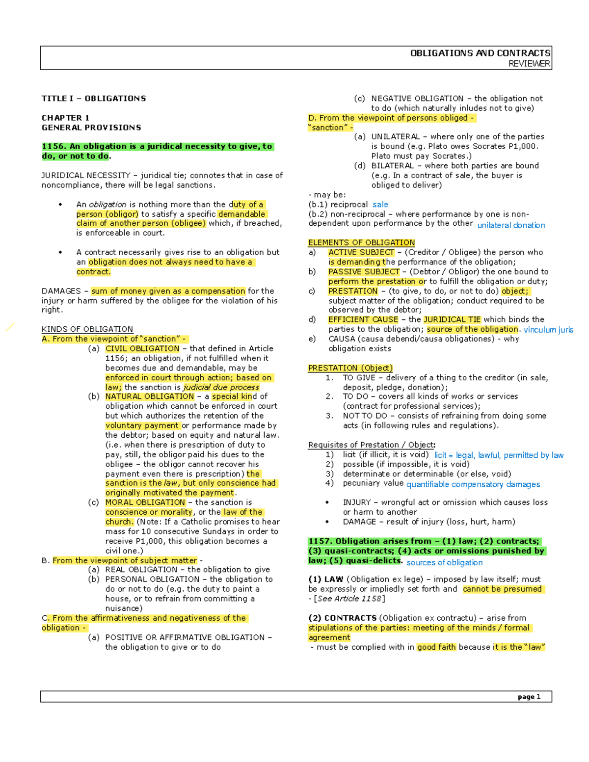 Obli Con - oblicon notes - REVIEWER TITLE I – OBLIGATIONS CHAPTER 1 ...