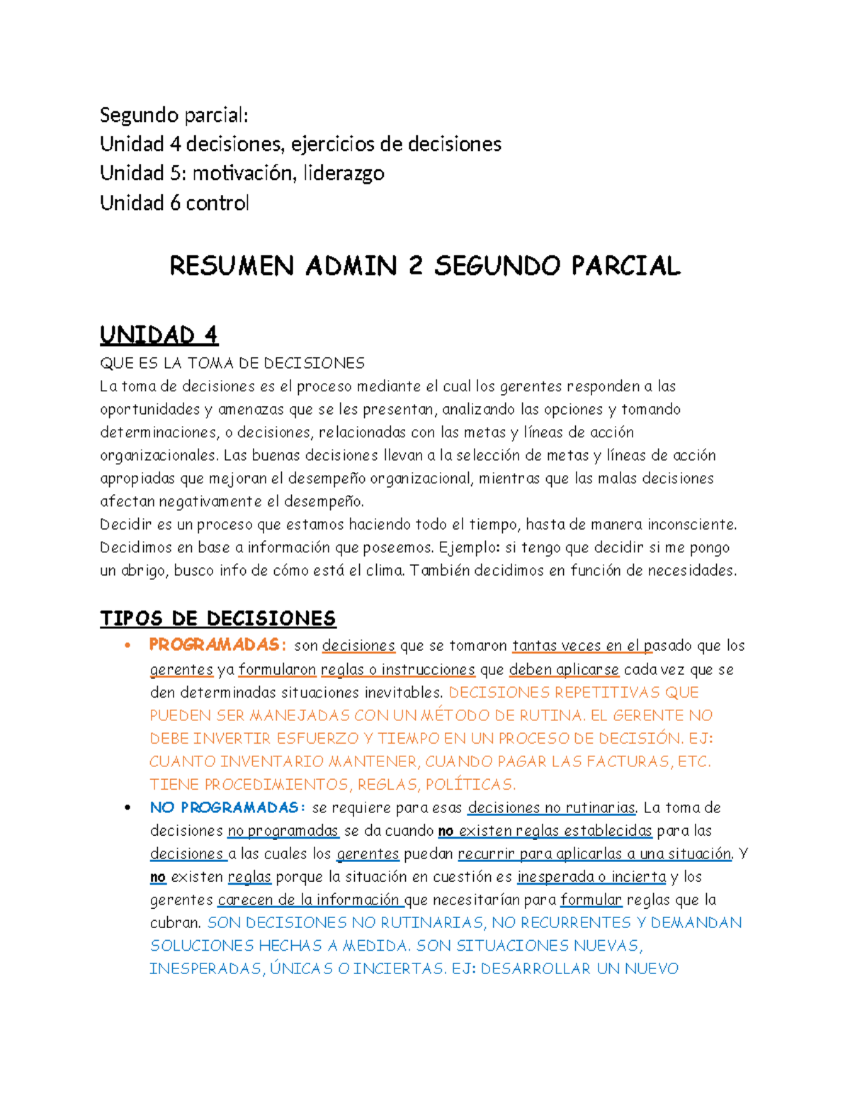 Resumen de admin segundo parcial, notas de clase - Segundo parcial: Unidad 4 decisiones ...